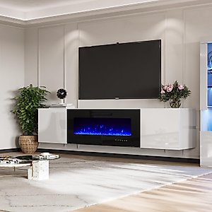 AMERLIFE Floating Fireplace TV Stand, Wall Mounted Mirrored Entertainment Center with 40" Electric Fireplace, Modern LED Lights Media Console for TVs Up to 90", White