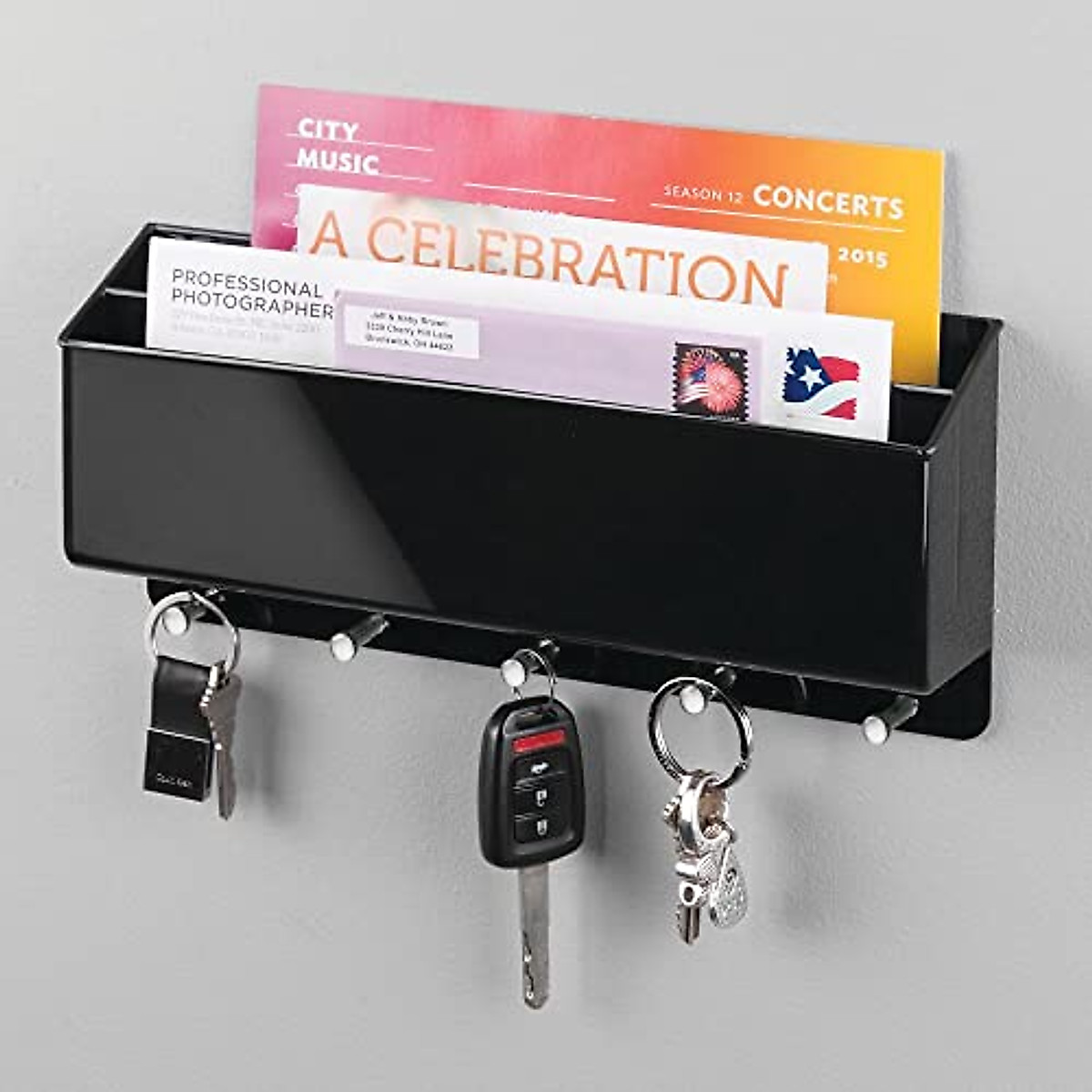 mDesign Wall Mount Plastic Divided Mail Organizer Storage Basket - 2 Sections, 5 Metal Peg Hooks - for Entryway, Mudroom, Hallway, Kitchen, Office - Holds Letters, Magazines, Coats, Keys - Black