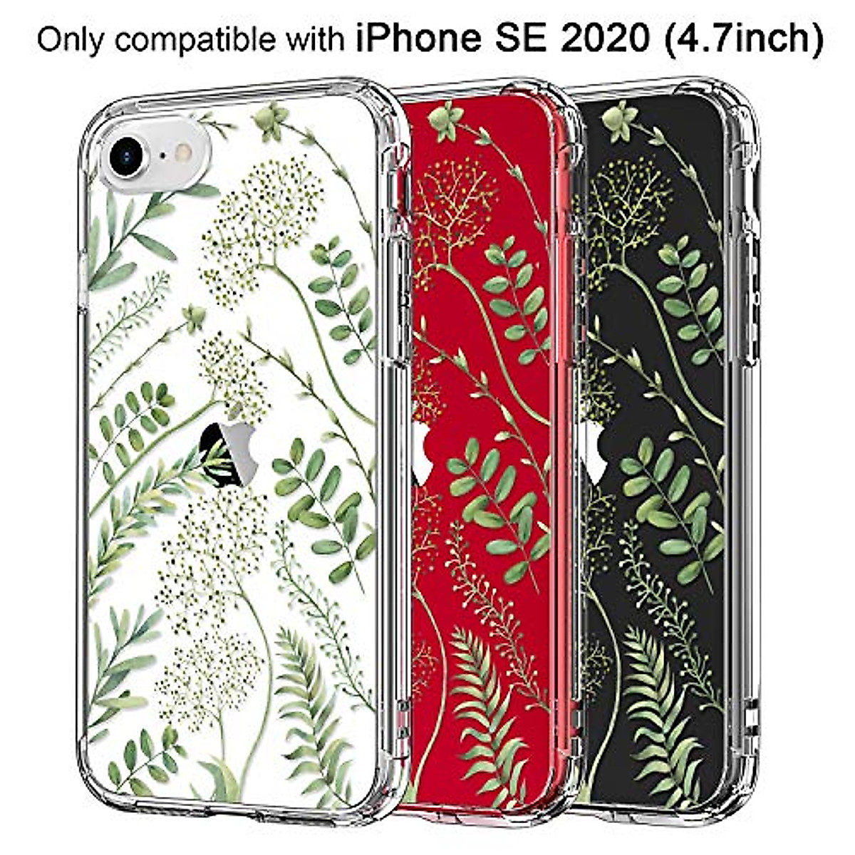 ICEDIO iPhone SE 2022 Case,iPhone SE 2020 Case,iPhone 8 Case,iPhone 7 Case with Screen Protector,Clear TPU Cover with Fashion Designs for Girls Women,Protective Phone Case Green Leaves Floral