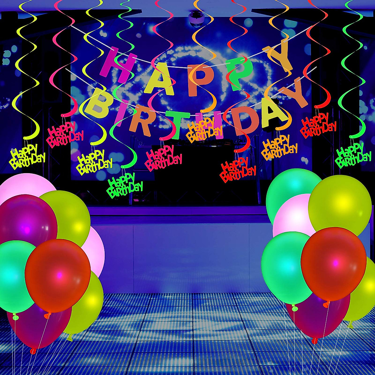 Glow Party Supplies Neon Party Supplies Set Glow in the Dark Happy Birthday Banner with UV Black Light Reactive Cake Topper Swirls Neon Fluorescent Latex Balloons Neon Stars for Birthday Glow Party