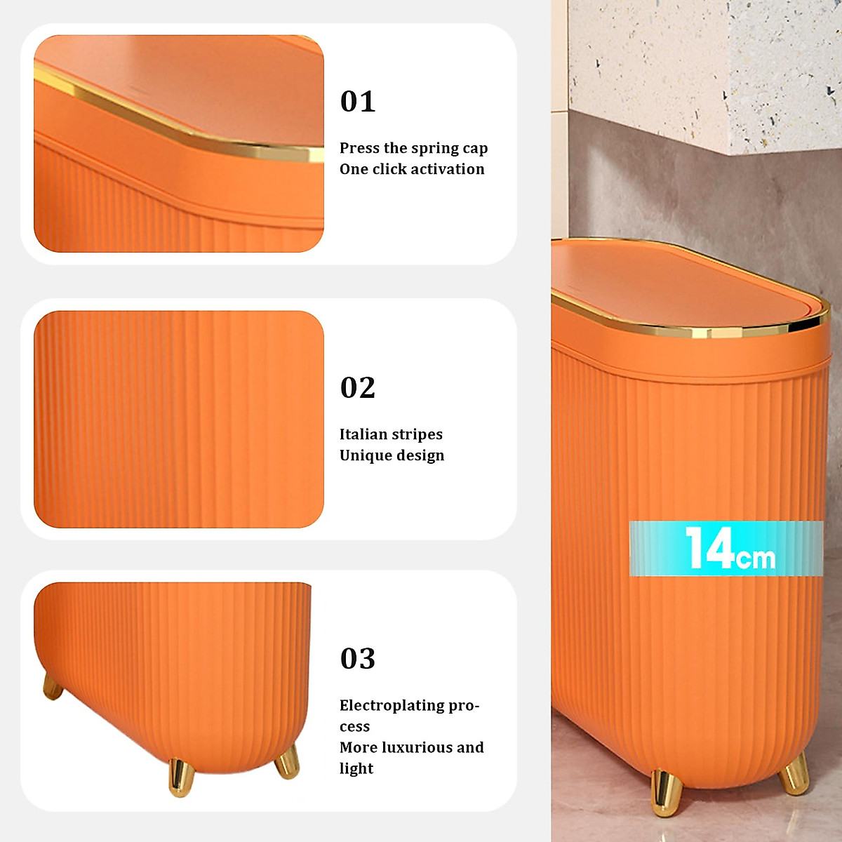 bbJJbbY Bathroom Trash Can Slim Trash Can 3.2 Gallons Kitchen Garbage Can with Press Top Lid Plastic Trash Bin Waste Basket for Bedroom, Office, Living Room Orange Home Supplies