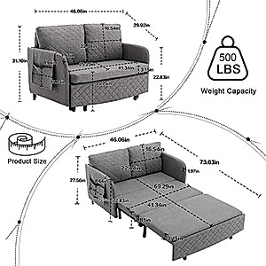 Pull Out Futon Sofa Bed, Convertible Small Loveseat Sleeper with Storage Drawer, 3 in 1 Futon Couch with Removable Pocket and 2 Pillows, Modern Love Seat for Living Room, Guest Room, Deep Grey