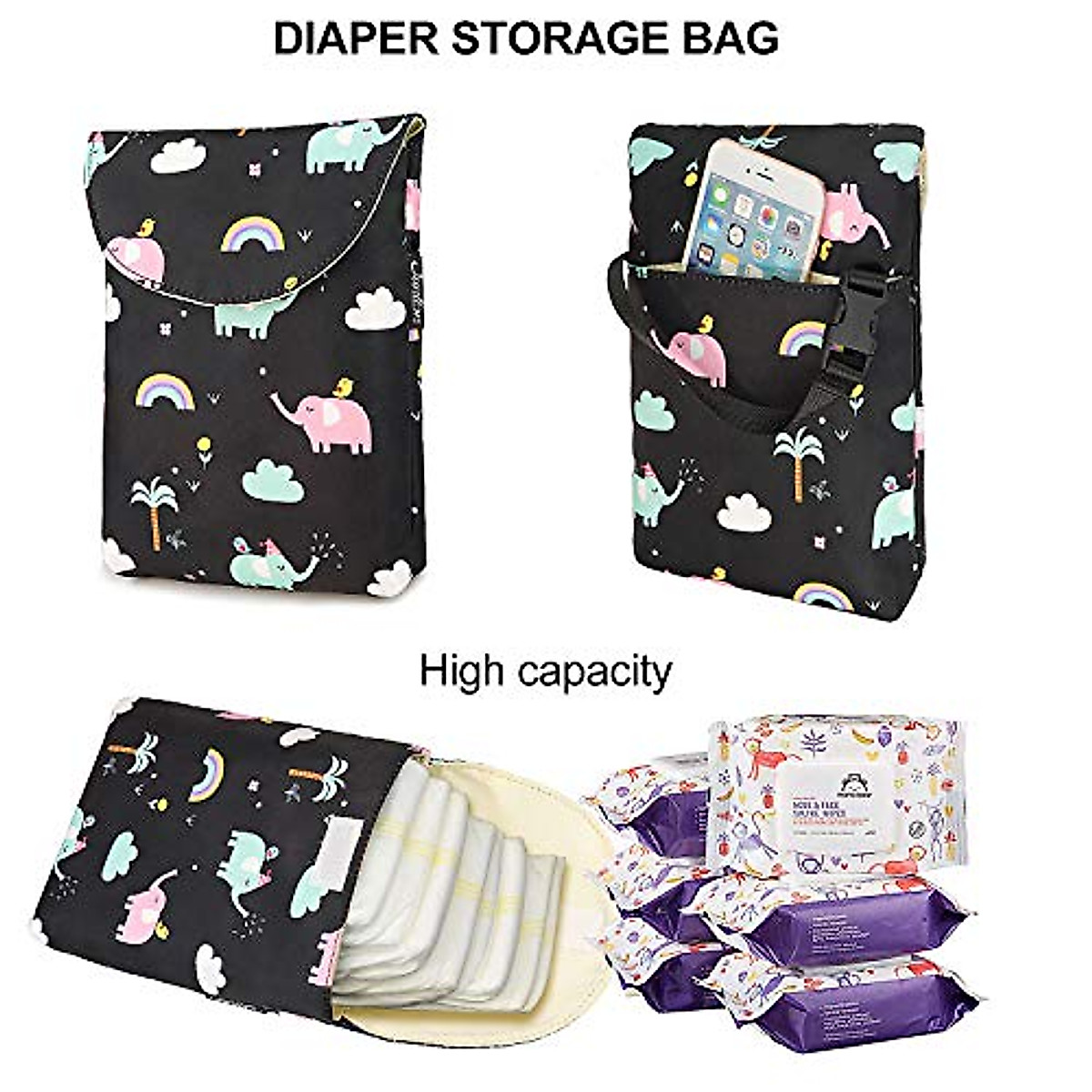 Junlion Diaper Bag, Waterproof Diaper Backpack Baby Nappy Bags with Hooks + Independent Dirty Diaper Pouch Elephant