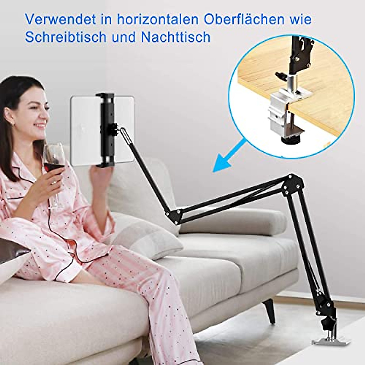 Tablet Stand for Bed, Adjustable and Foldable Tablet Stand Holder with 360 Degree Rotation for iPhone iPad Cellphone Tablet Kindle Fire, or Other 4.7-12.9 inch-Screen Devices (Black)(Extended Arm)