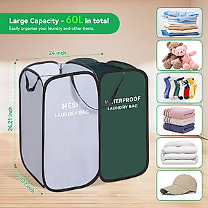 Pop Up Laundry Basket with Waterproof Wash Bag & Removable Mesh Bag, 2 Compartments Collapsible Laundry Hamper, Large Tall Clothes Sorter Storage Organizer for Bedroom Bathroom Home Apartment Travel
