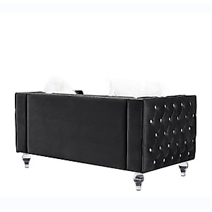 Tomkate 59.8 Inch Small Chesterfield Sofa, Modern Velvet Upholstered Loveseat Sofa Couch with Two Pillows and Crystal Feet, Crystal Buckle Upholstery Tufted 2 Seater Sofa for Living Room, Black