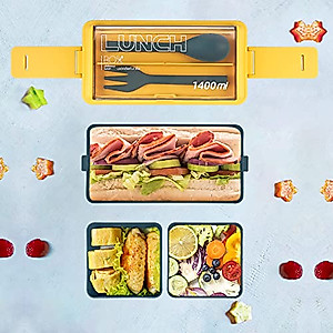 NatraProw Bento Box Adult Lunch Box, 3-in-1 Stackable Lunch Containers, 47OZ Bento Box with 4 Compartments, Fork & Spoon, Leak Proof, Microwave Safe (Blue)