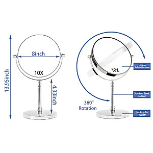 TAOKEY 8Inch 10X Magnifying Mirror, Double Sided Makeup Mirror on Round Stand for Tabletop, Bedroom Vanity Desk and Bathroom Counter - Free Standing Double Sided 10X/1X Magnification Mirror.
