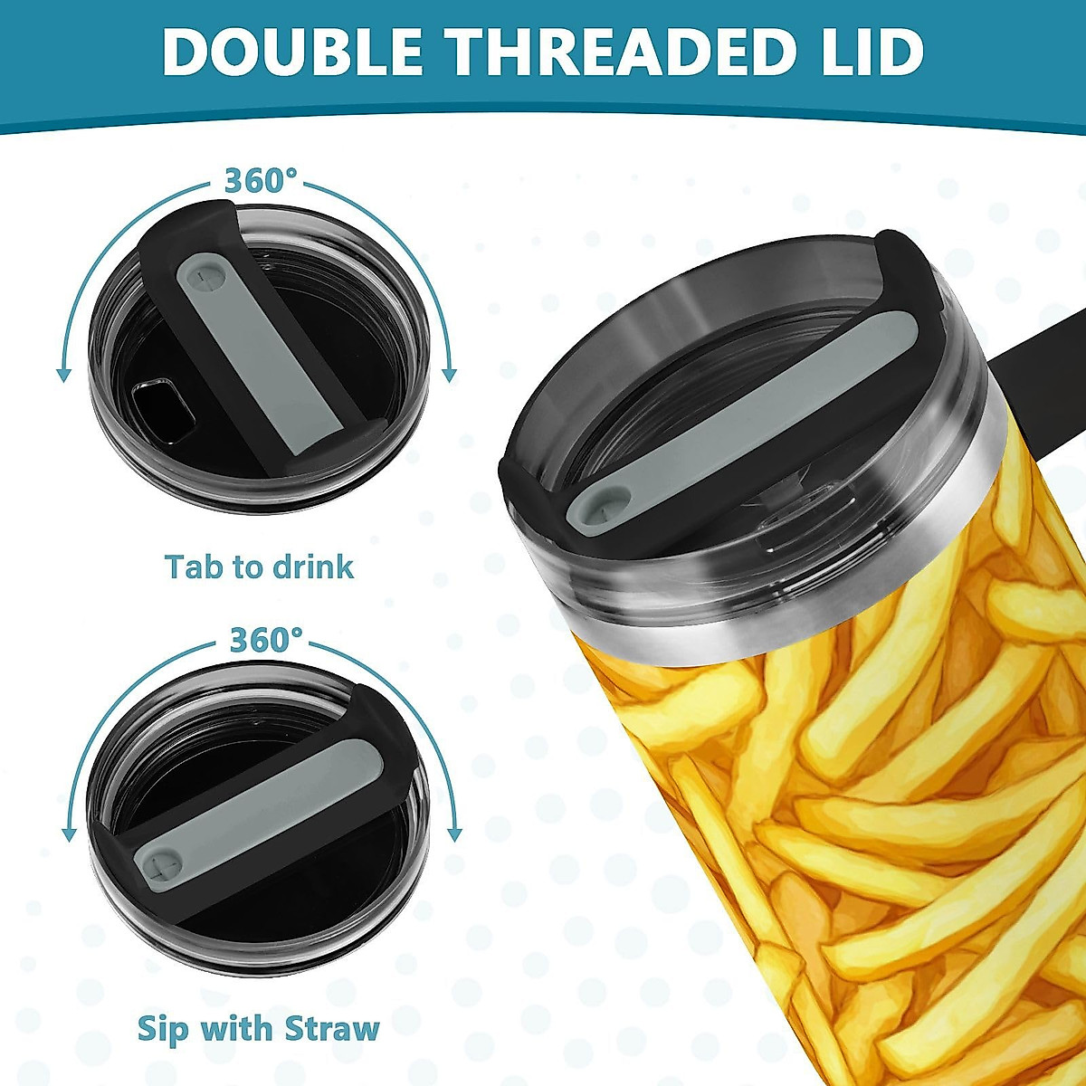 Selerdon 40 oz Tumbler French Fries with Handle and Straw Lid Vacuum Stainless Steel Insulated Water Bottle Travel Mug Car Cup Holder Friendly BPA Free for Gym Travel Office