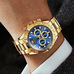 OLEVS Men's Gold Automatic Mechanical Self Winding Waterproof Luminous Calendar Multifunctional Stainless Steel Casual Business Luxury Dress Watch