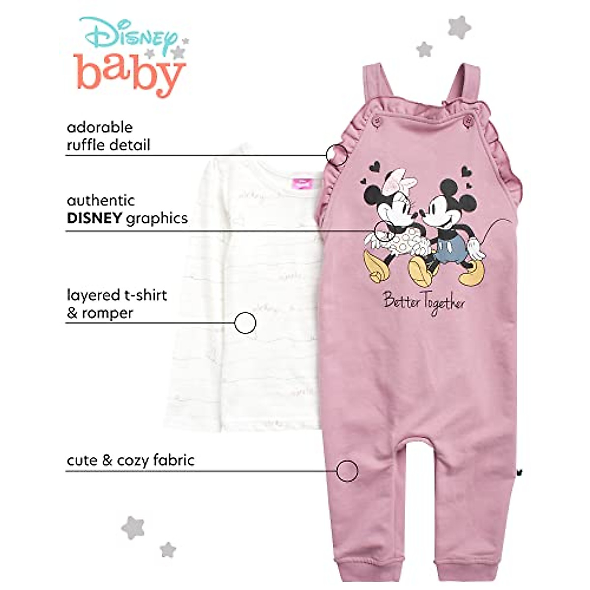 Disney Baby Girls' Minnie Mouse 2 Piece Overall Set - Fleece Romper Long Sleeve T-Shirt Set (Newborn/Infant), Size 18M, Minnie and Mickey