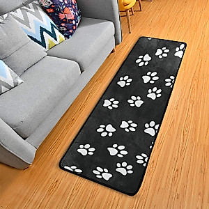 Modern Hallway Runner Rugs White Dog Paw Print Black Background Living Room Area Rug Super Soft Entryway Long Bed Desk Kitchen Floor Doormat 24x72in (2'x6')