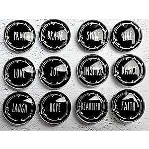 BabyPop! Newest Design Black 12 Pack Round Glass Refrigerator Magnets, Trendy Inspirational Magnet Gift Set for Fridge Cute Decorative Motivational Whiteboard Magnets for Office Locker Home & Kitchen