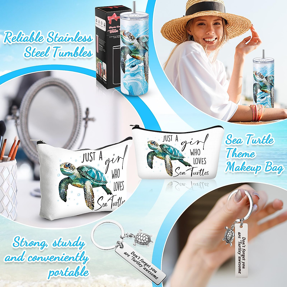 Qinyoung 3 Pcs Sea Turtle Gifts for Women Funny Birthday Gifts 20oz Blue Tumbler Who Loves Turtles Makeup Bags Don't Forget You Are Turtley Awesome Keychain for Ocean Beach Themed Party Mothers Day