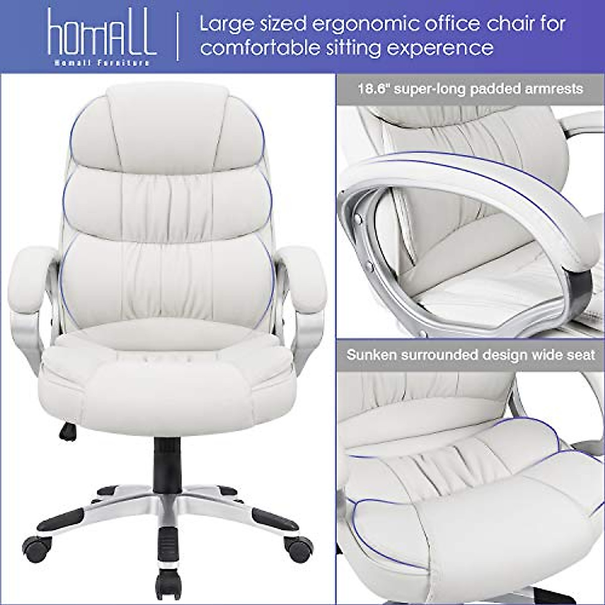 Homall Office Chair High Back Computer Chair Desk Chair, PU Leather Adjustable Height Modern Executive Swivel Task Chair with Padded Armrests and Lumbar Support (White)