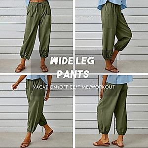 Women's High Waist Pants Drawstring Capri Pants with Pockets Wide Leg Cropped Pants for Women Green X-Large