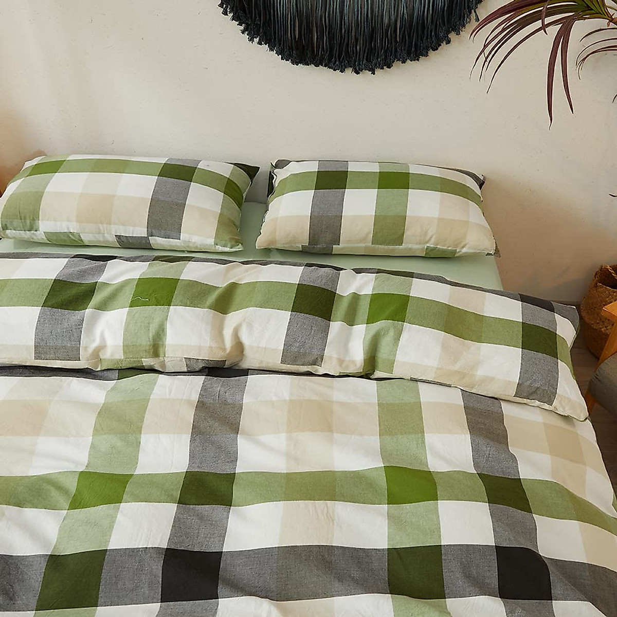 DONEUS 100% Washed Cotton Duvet Cover Queen Size - Green White Plaid Duvet Cover for All Seasons - 3 Pieces Linen Like Soft Comfy Duvet Cover Set with 2 Pillow Shams (Green, Queen, 90"x90")