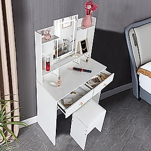 Modern Vanity Table with LED Lighted Mirror, Makeup Vanity Desk with 2 Drawers,Vanity Table Mirror with 3 Color Modes,Multiple Shelves & Cushioned Stool,Dressing Table for Bedroom