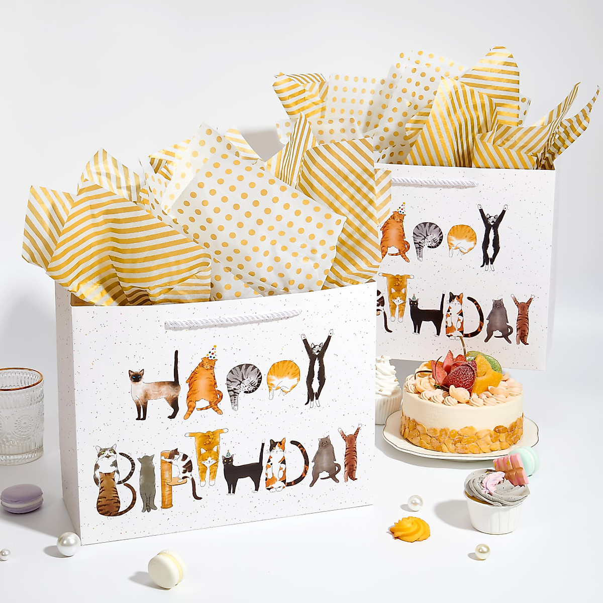 Crisky 13" Large Cat Happy Birthday Gift Bag with Tissue Paper and Card for Girls Kids Adults Women Birthday Party