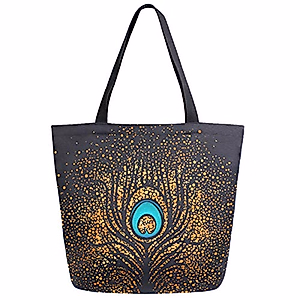 ZzWwR Beautiful Gold Sparkling Peacock Feather Extra Large Canvas Shoulder Tote Top Handle Bag for Gym Beach Travel Shopping