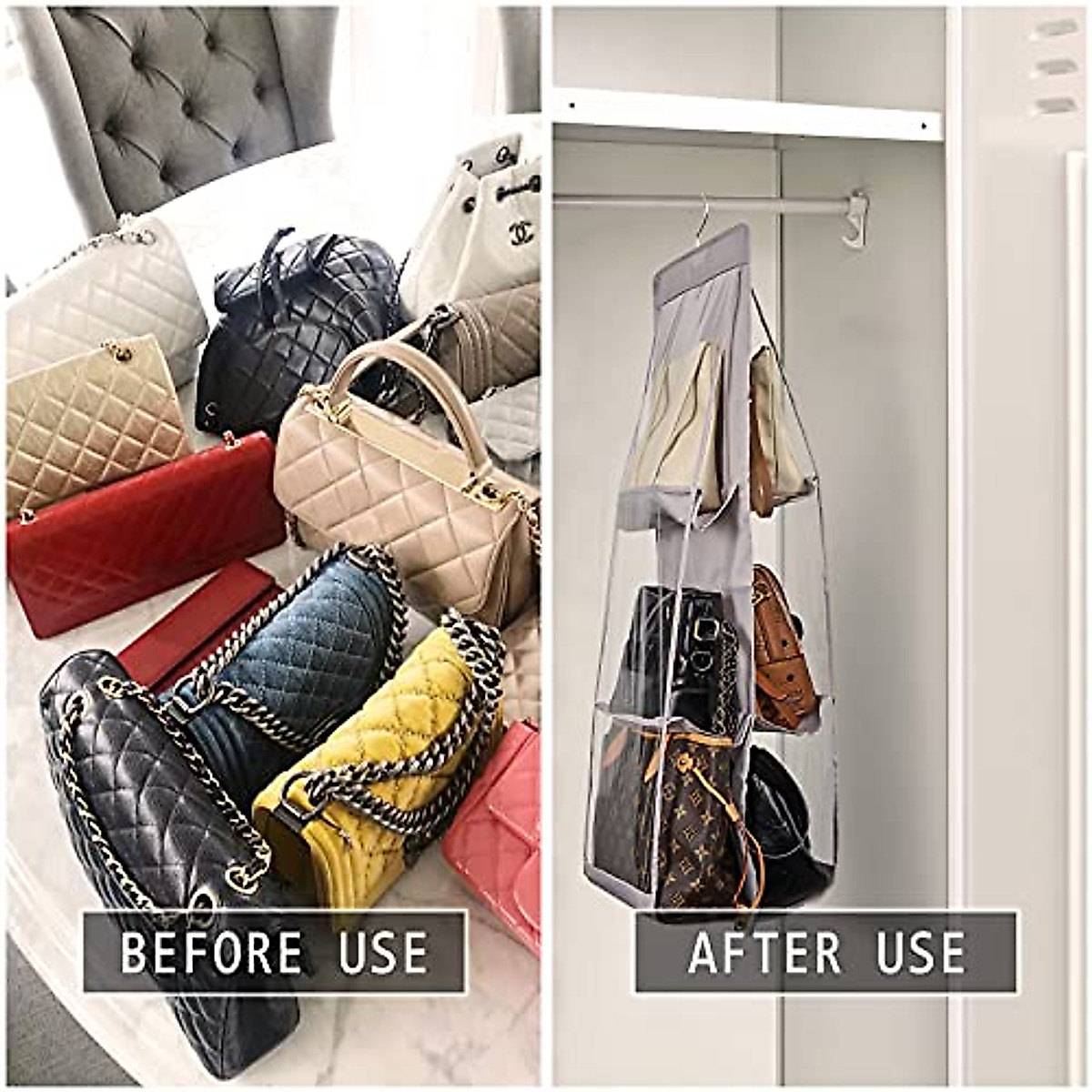 Vercord Hanging Purse Organinzer Handbag Tote Hanger Closet Dustproof Storage Bag with Six Pockets Light Gray