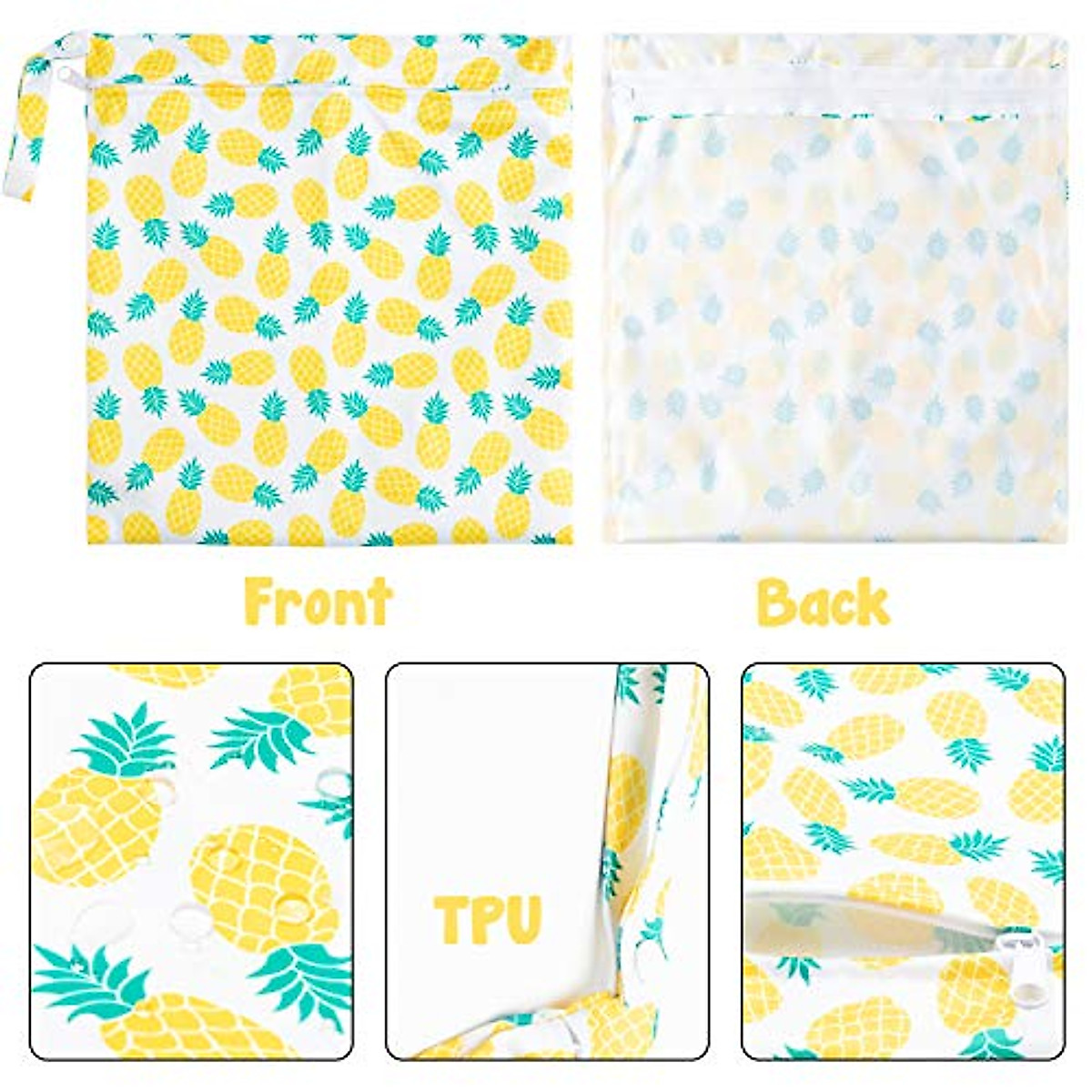 R HORSE 5Pcs Waterproof Reusable Wet Bag Diaper Baby Cloth Diaper Summer Wet Dry Bags with 2 Zippered Pockets Travel Beach Pool Bag with Pineapple Flamingo Cactus Pattern(3 Sizes)