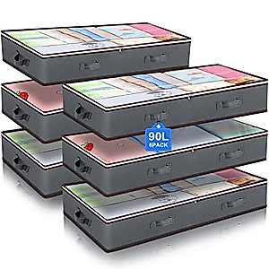 90L Under Bed Storage Containers, Toy Organizers and Wrapping Paper Storage Bags, Underbed Shoes Closet Storage Solution with Clear Window and Reinforced Handles for Blanket, Comforter, Bedding, Clothes, 6 Pack