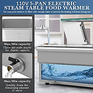 Worcest 6 Pan Commercial Food Warmer 110v 1500w Electric Stainless Steel Bain Steam Table Food Warmer with Large Capacity Pans for Catering and Parties Restaurants Business Occasion (110v 6-Pan)
