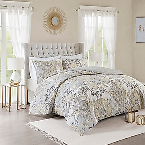 Madison Park Isla Reversible Cotton Duvet Set - Casual Medallion Floral to Damask Print Reverse, All Season Comforter Cover Bedding Set with Matching Shams, Yellow Full/Queen(90"x90") 3 Piece