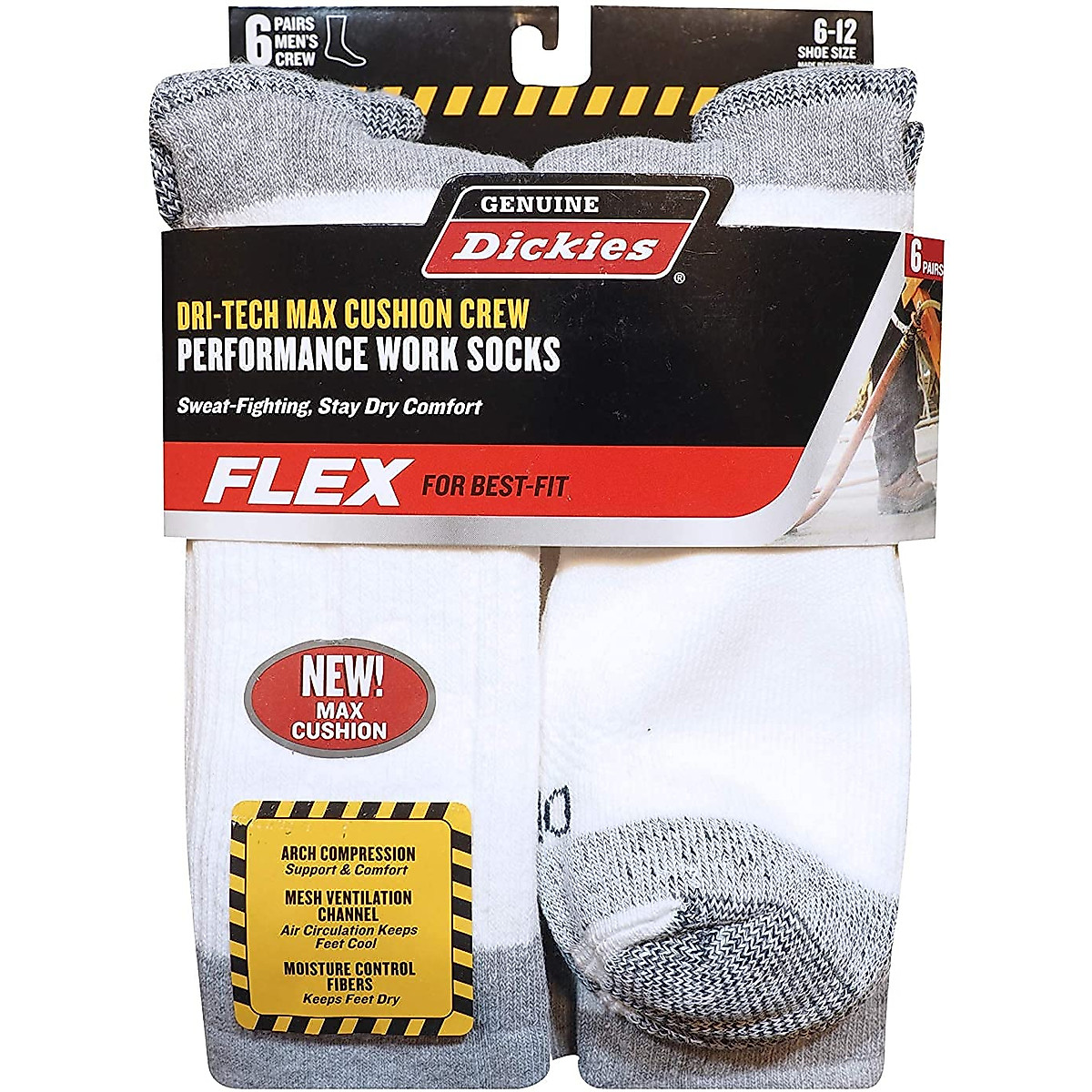 Genuine Dickies Men's Dri-Tech MAX CUSHION Crew Performance Work Socks (White/Grey) (Shoe Size: 6-12)
