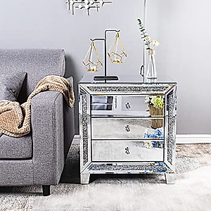 VINGLI Mirrored Nightstands Set of 2 Modern Bedside Table 3 Drawer Glass Side End Table Silver Dresser for Bedroom, 23”L x 13.8”W x 24.3”H