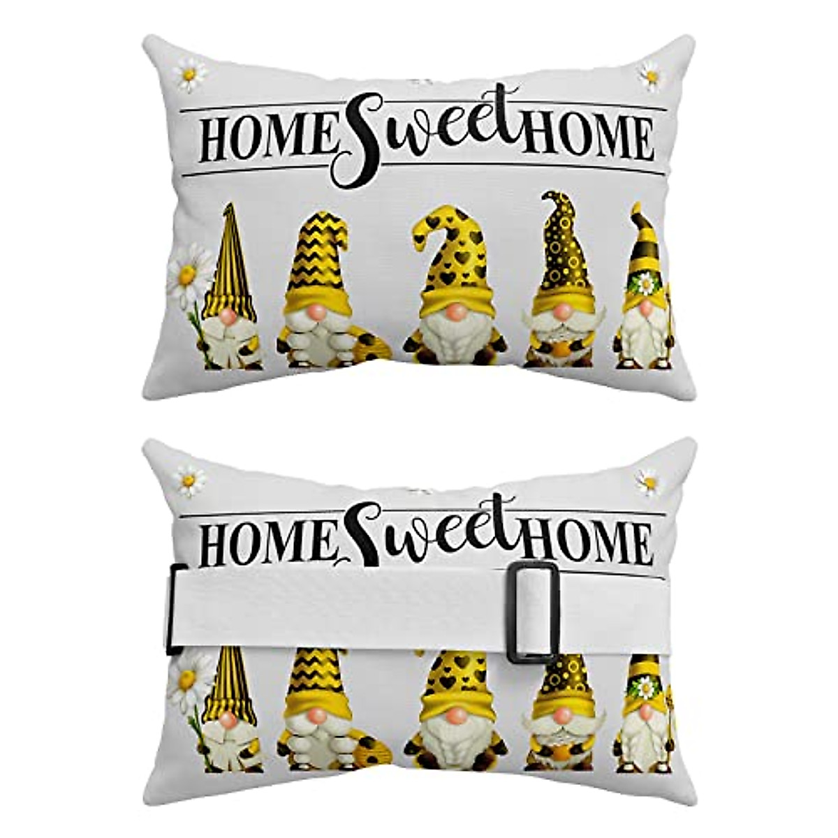 Recliner Head Pillow Ledge Loungers Chair Pillows with Insert Spring Lovely Gnome White Daisy Pattern Lumbar Pillow with Adjustable Strap Outdoor Waterproof Patio Pillows for Beach Pool, 2 PCS