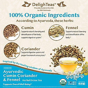 DelighTeas Organic Digest & Detox CCF Tea | Eco-friendly, Compostable Pyramid Tea Bags | Ayurvedic Cumin, Coriander, Fennel Tea | USDA Organic, Caffeine Free, Kosher | 16 Tea Bags, 4g each