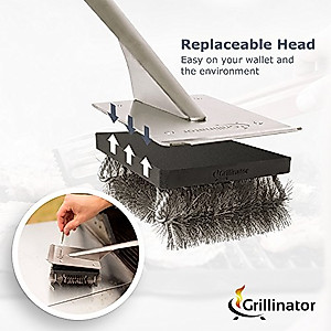 Grillinator 18" BBQ Grill Brush for Charcoal, Pellet, Infrared & Gas Grills - Dual Direction Steel Bristles Clean & Scrape The Entire Grill at The Same Time - Steel Handle & Replaceable Heads