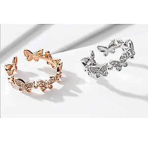 Tafeily Dainty Cute CZ Butterfly Adjustable Rings for Women Girls Boy Men 18K Silver/Rose Gold Plated Wrap Stacking Finger Ring Statement Open Band Promise Wedding Rings Jewelry Gift (rose gold)
