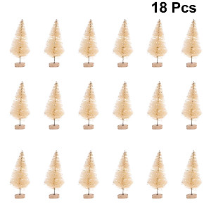 Amosfun 18pcs Mini Pine Trees Sisal Trees Miniature Christmas Tree with Wood Base Christmas Desktop Decorations 6.5cm (Beige)