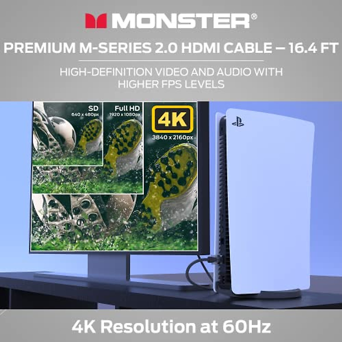 Monster M-Series Certified Premium HDMI Cable 2.0, Features 4K Ultra HD at 60Hz Refresh Rate, Duraflex Jacket, and Triple Layer Shielding, 22.5 Gbps - 16.4 ft