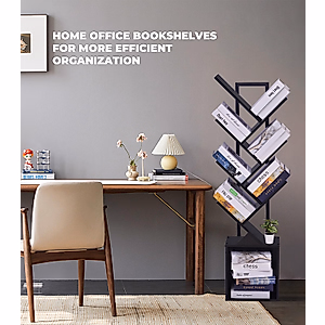 YSVCO 7 Tier Tree Bookshelf, Tall Narrow Wood Book Shelf, Freestanding Bookcase with Storage Cabinet, Floor Standing Display Storage Shelf for CD/Book, Living Room, Home Office Black BS36BS