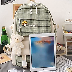 TABANA 5Pcs Kawaii Canvas School Backpack Combo Set with Pear Pendant Cute Pins Tote Bag Pencil Pouch Plaid Checkered Aesthetic Laptop Schoolbag Daypack Kit Back To School (Grey)