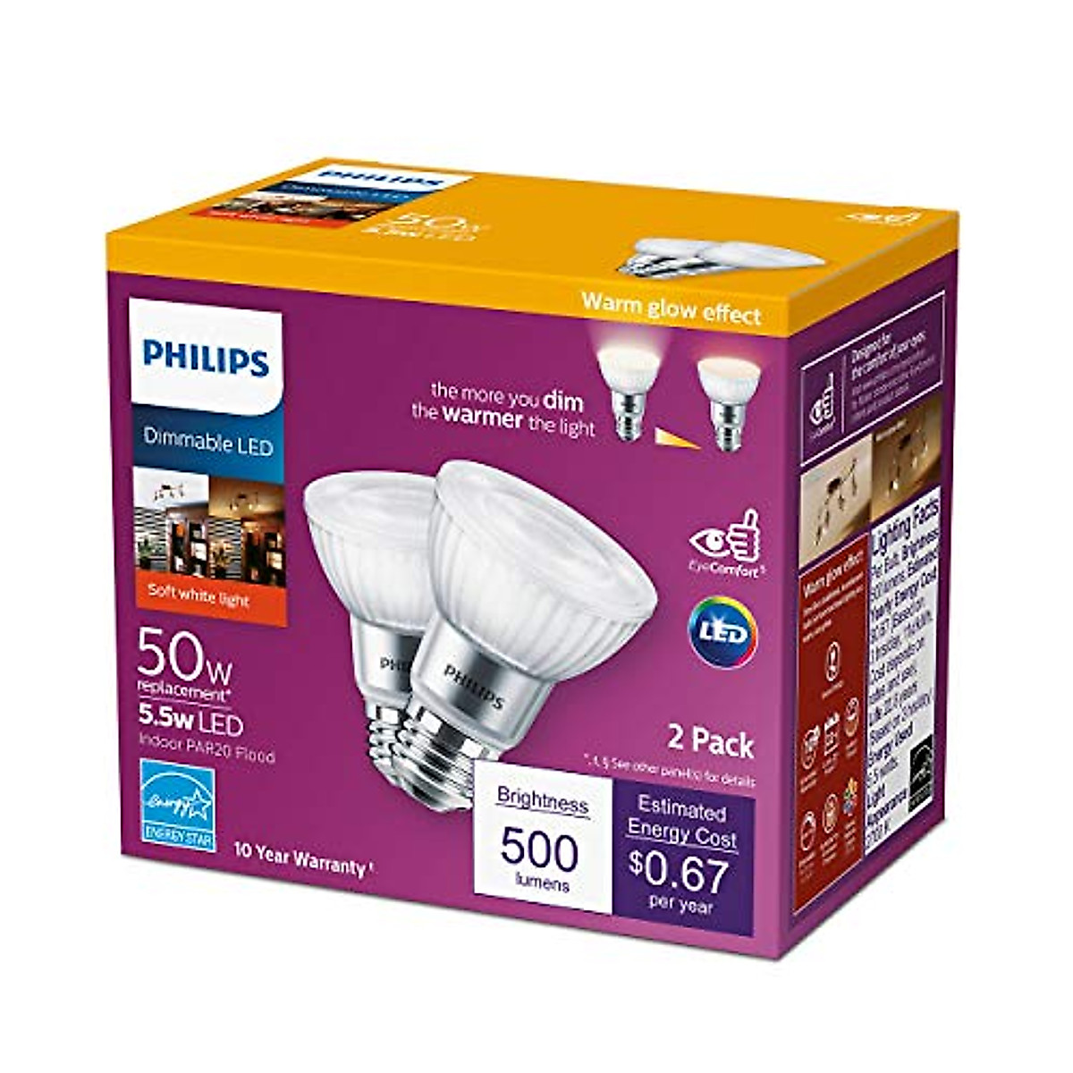 Philips LED Classic Glass Dimmable PAR20 40-Degree Spot Light Bulb with Warm Glow Effect: 500-Lumen, 2200-2700-Kelvin, 7-Watt (50-Watt Equivalent), E26 Base, Soft White, 2-Pack