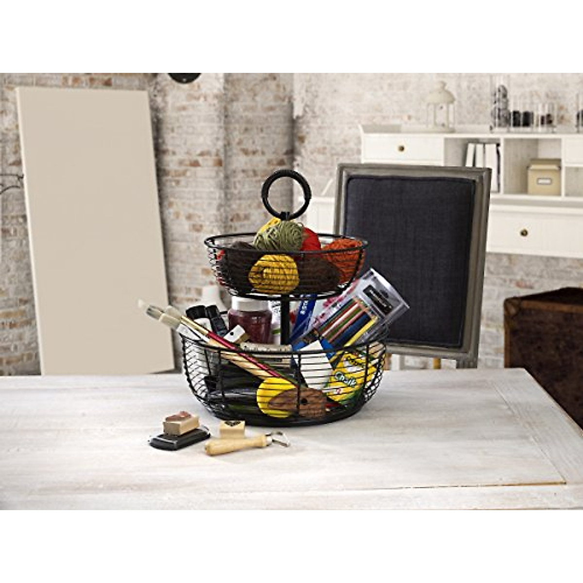 Gourmet Basics by Mikasa Round Wrap 3-Tier Metal Floor Standing Fruit/Home Storage Basket, Easy Assembly, Antique Black