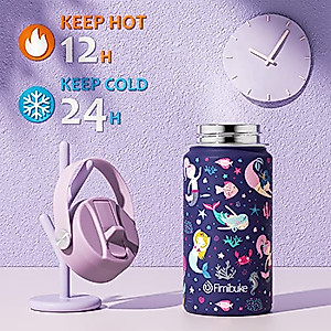 Fimibuke Metal Insulated Water Bottle - 14oz BPA-FREE 18/8 Stainless Steel Travel Tumbler Double Wall Vacuum Leak Proof Kids Cup with Straw for Kids, School Boys Girls(1 Pack, MERMAID)