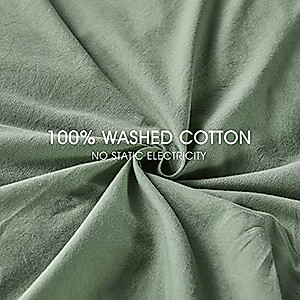 JELLYMONI Green 100% Washed Cotton Duvet Cover Set, 3 Pieces Luxury Soft Bedding Set with Buttons Closure. Solid Color Pattern Duvet Cover Queen Size(No Comforter)