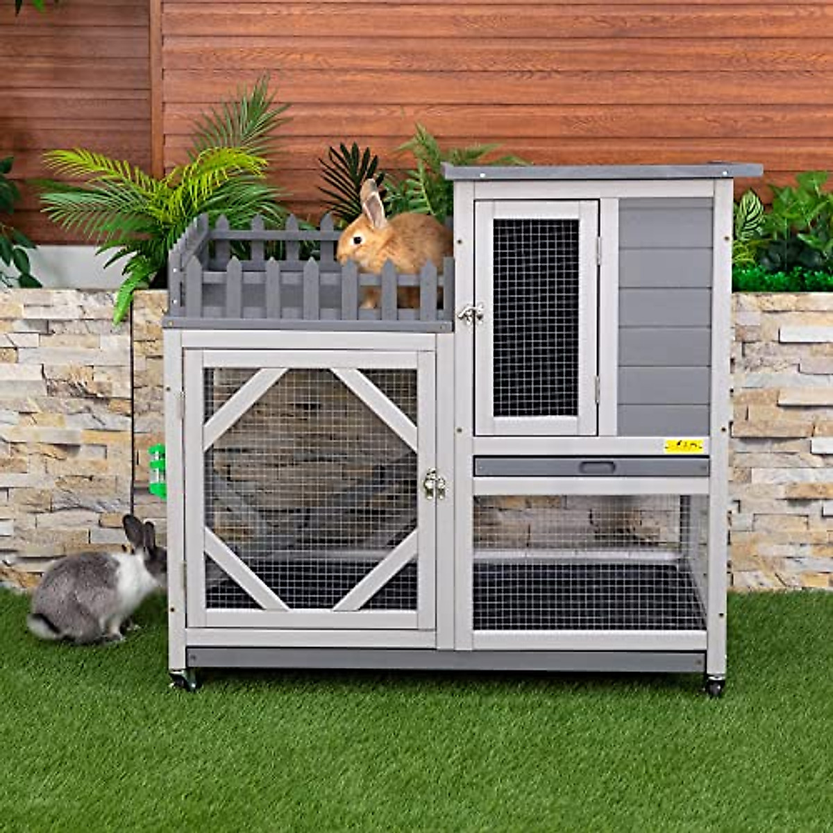 COZIWOW Rabbit Hutch with Balcony,Large Rabbit Cage Bunny Cage on Wheels,Guinea Pig Coop for Indoor Outdoor, Ramp, Pull-Out Tray, Water Bottle, Gray