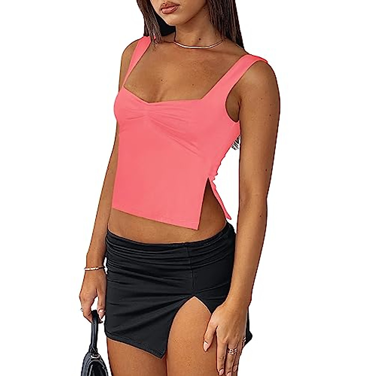 REORIA Women's Sexy Square Neck Ruched Double Lined Split Y2K Tank Crop Tops Peach Pink Small