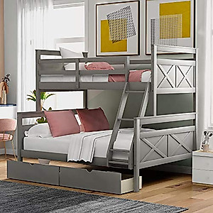 GLORHOME Twin Over Full Bunk Bed with 2 Storage Drawers, Solid Wood Bed Frame with Safety Rail and Ladder, Kids/Teens Bedroom, Guest Room Furniture, Can Be Converted into 2 Beds, Grey