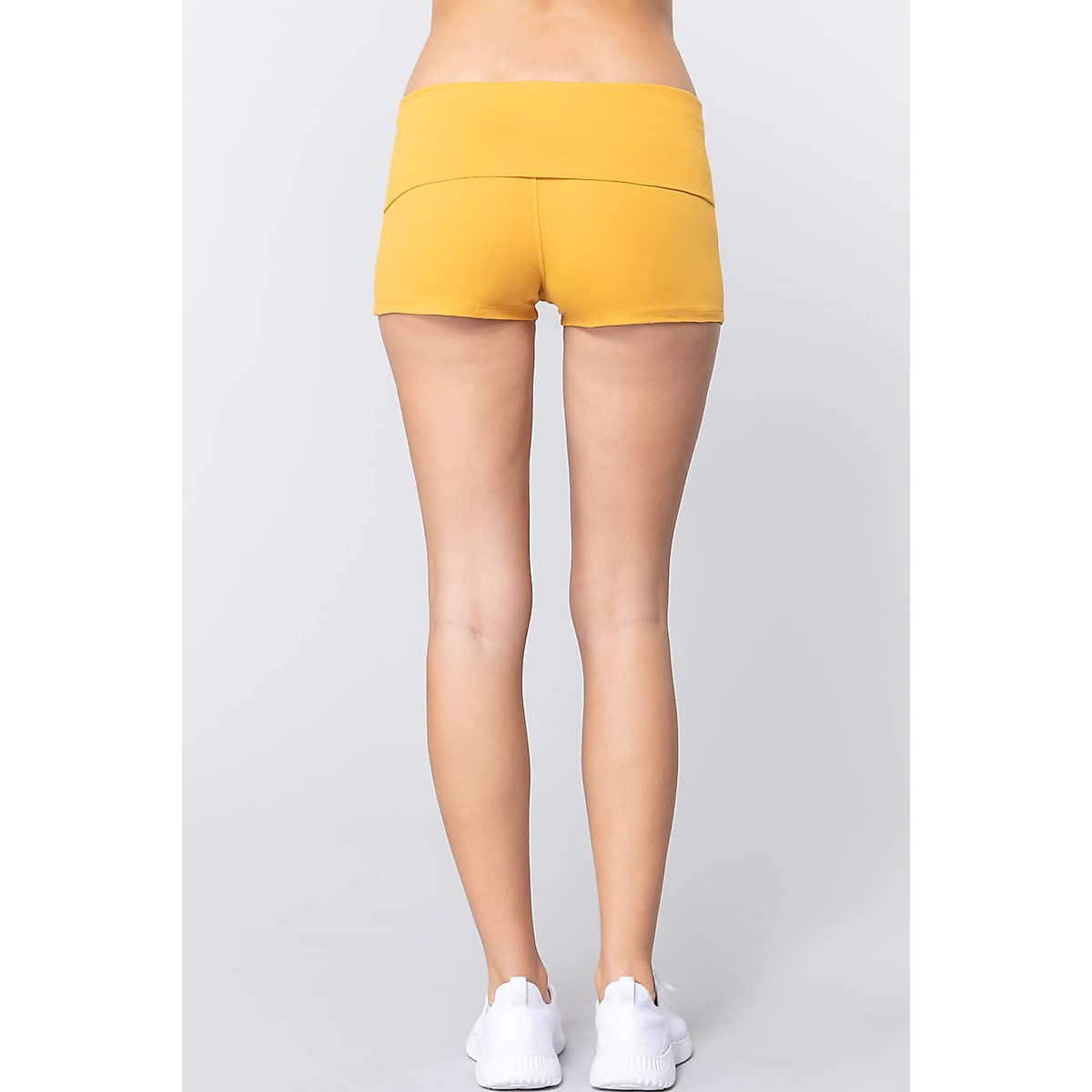 Khanomak Women's Fold Over Stretchy Sports Running Yoga Gym High Waist Cotton Shorts Ochre Mustard Small