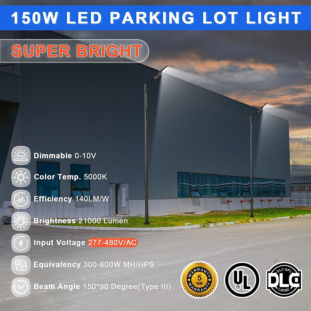 480V 150W LED Parking Lot Light, 21000LM(140lm/w) 5000K LED Shoebox Area Light - Slip Fitter Mount, Dimmable Outdoor Commercial Street Lighting (600W HID/HPS Equivalent) IP65 277-480V UL DLC Listed
