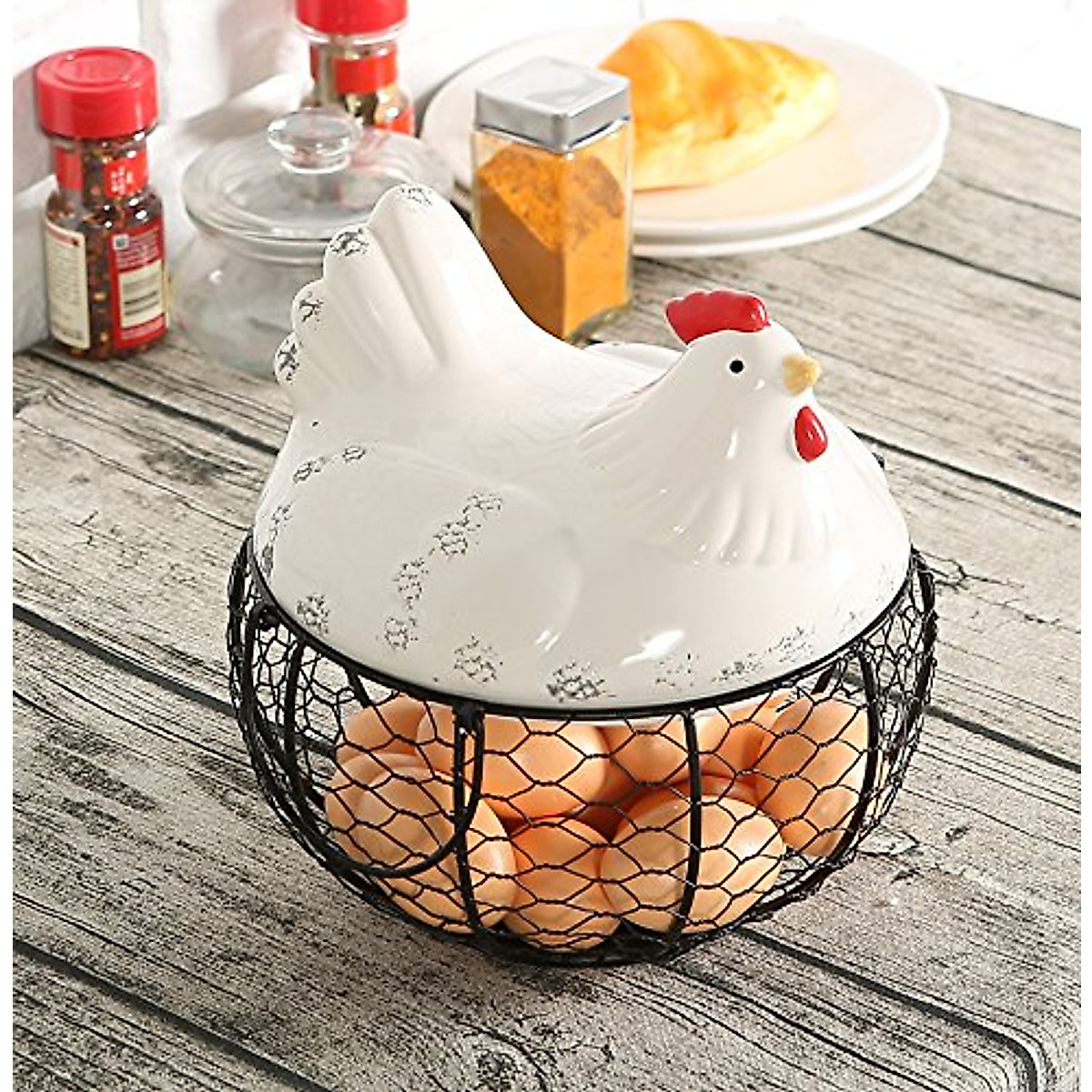 MyGift Black Metal Mesh Wire Egg Storage Basket with White Ceramic Farm Chicken Top Lid and Handles - Holds 30 Eggs