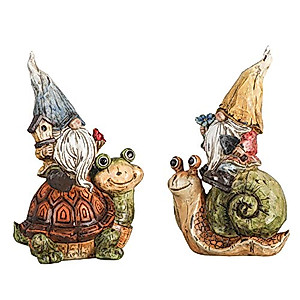 TERESA'S COLLECTIONS Garden Gnomes Statues Decorations for Yard Decor, Set of 2 Cute Gnomes Sitting on Snail & Turtle Garden Gift for Outdoor Yard Patio Lawn Ornaments Housewarming 7.5 Inch